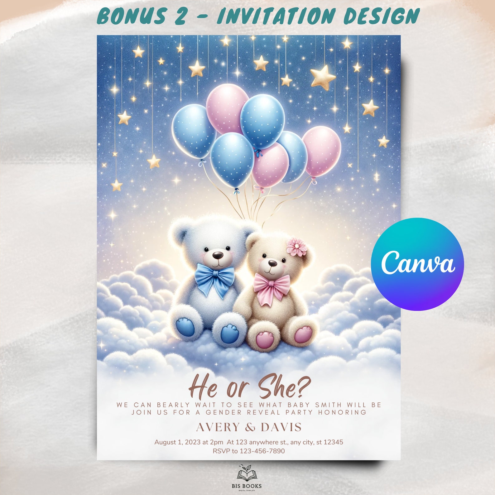 Teddy Bears Gender Reveal Invitation, Baby Boy or Girl Party Invite ...