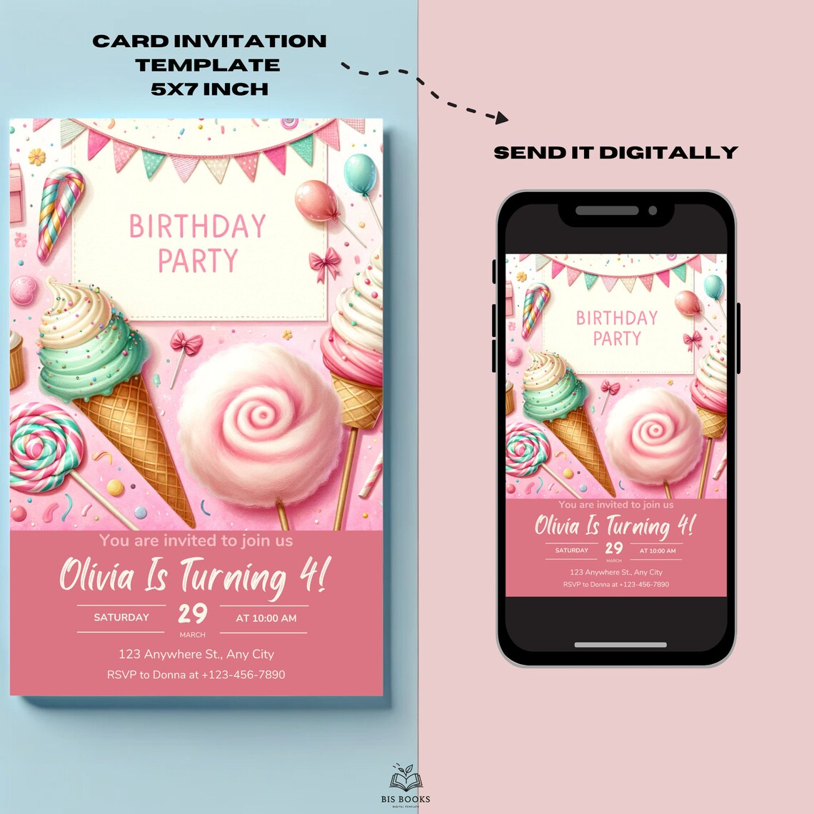 Candy Birthday Invitation Lollipop Ice Cream Donut Cupcake and Sweets ...