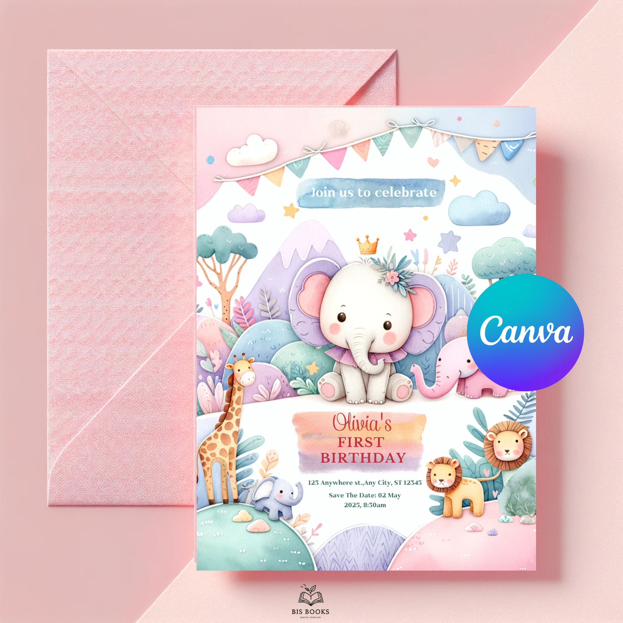 Pastel Cute First Birthday Invitation, EDITABLE Safari Animals Party ...