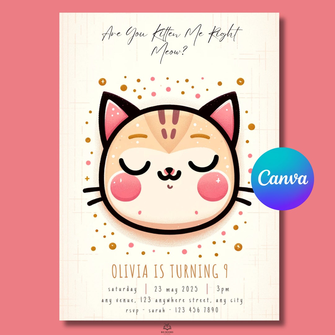 Cute Cat Birthday Invitation for Cat Lover Birthday Party, EDITABLE ...
