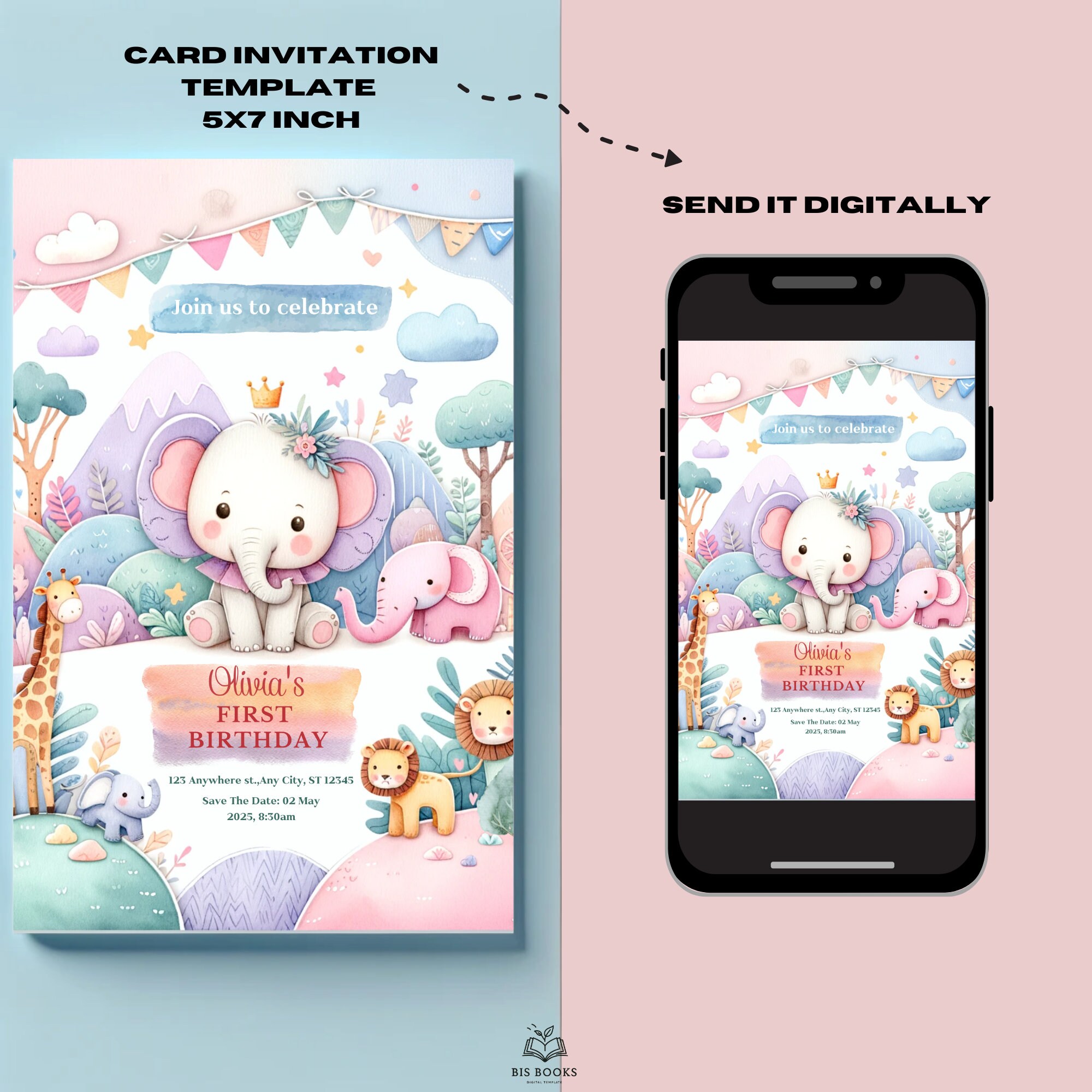 Pastel Cute First Birthday Invitation, EDITABLE Safari Animals Party ...