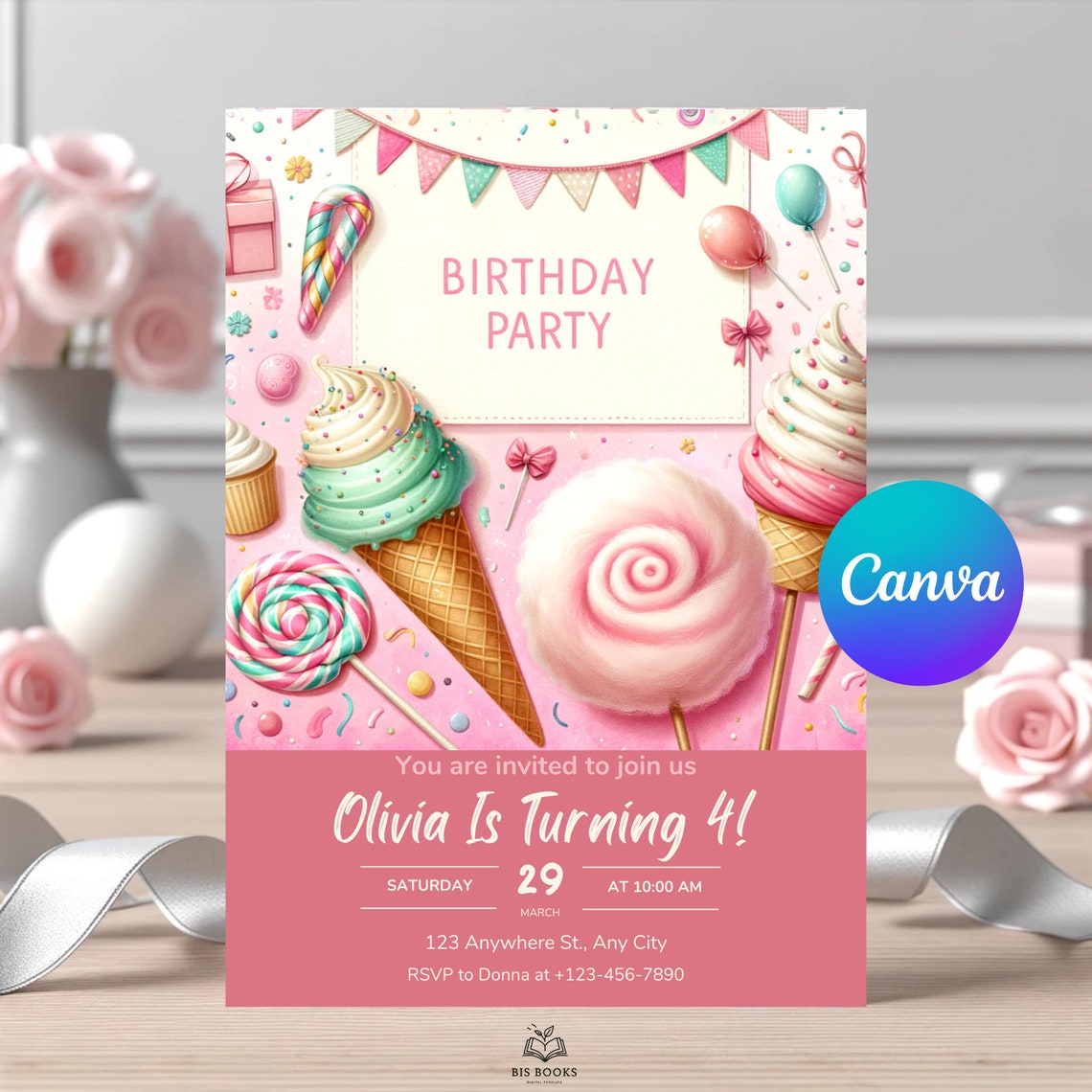 Candy Birthday Invitation Lollipop Ice Cream Donut Cupcake and Sweets ...