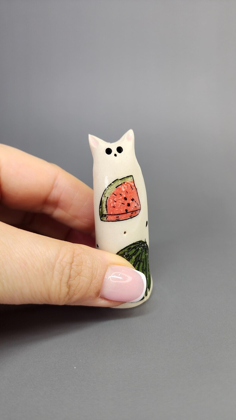 Mini Ceramic WATERMELON Cat Figurine – Handmade Pottery Cat Sculpture ...