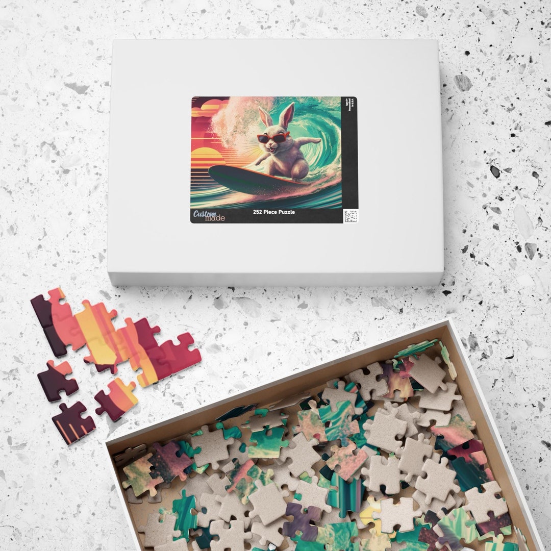 Surfing Bunny Puzzle, Retro Art, Birthday Gift for Animal Lover, Puzzle ...