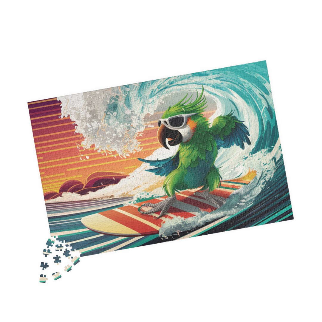 Surfing Parrot Jigsaw Puzzle Retro Parrot Surfing a Wave Gift for Bird ...