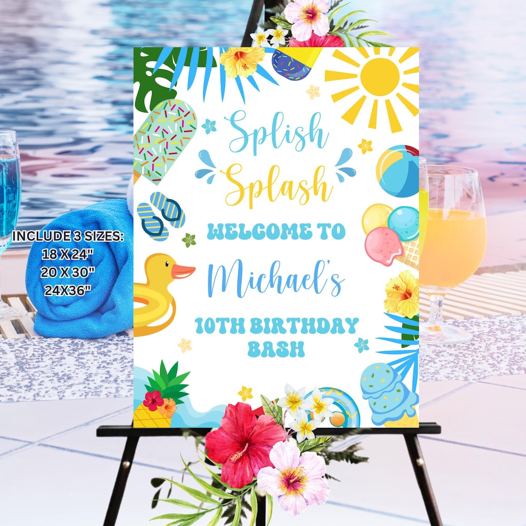 Pool Party Birthday Welcome Sign, Tropical Summer Birthday Poster ...