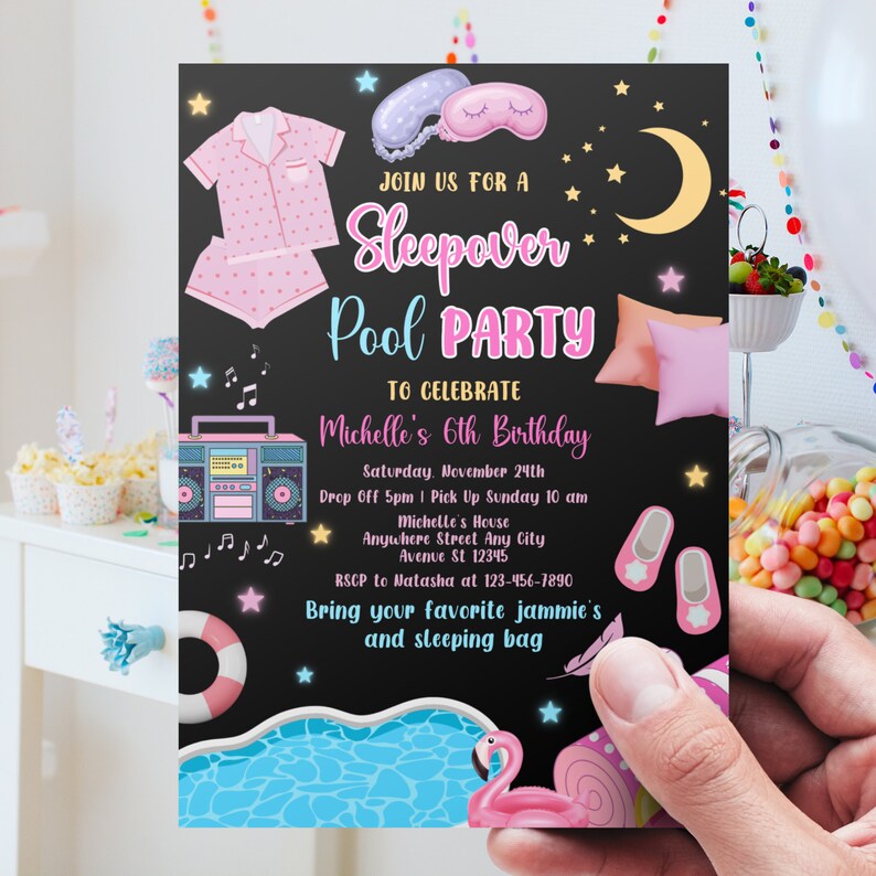 Slumber Pool Party Birthday Invitation, Girls Pajama Party, Sleep Over ...