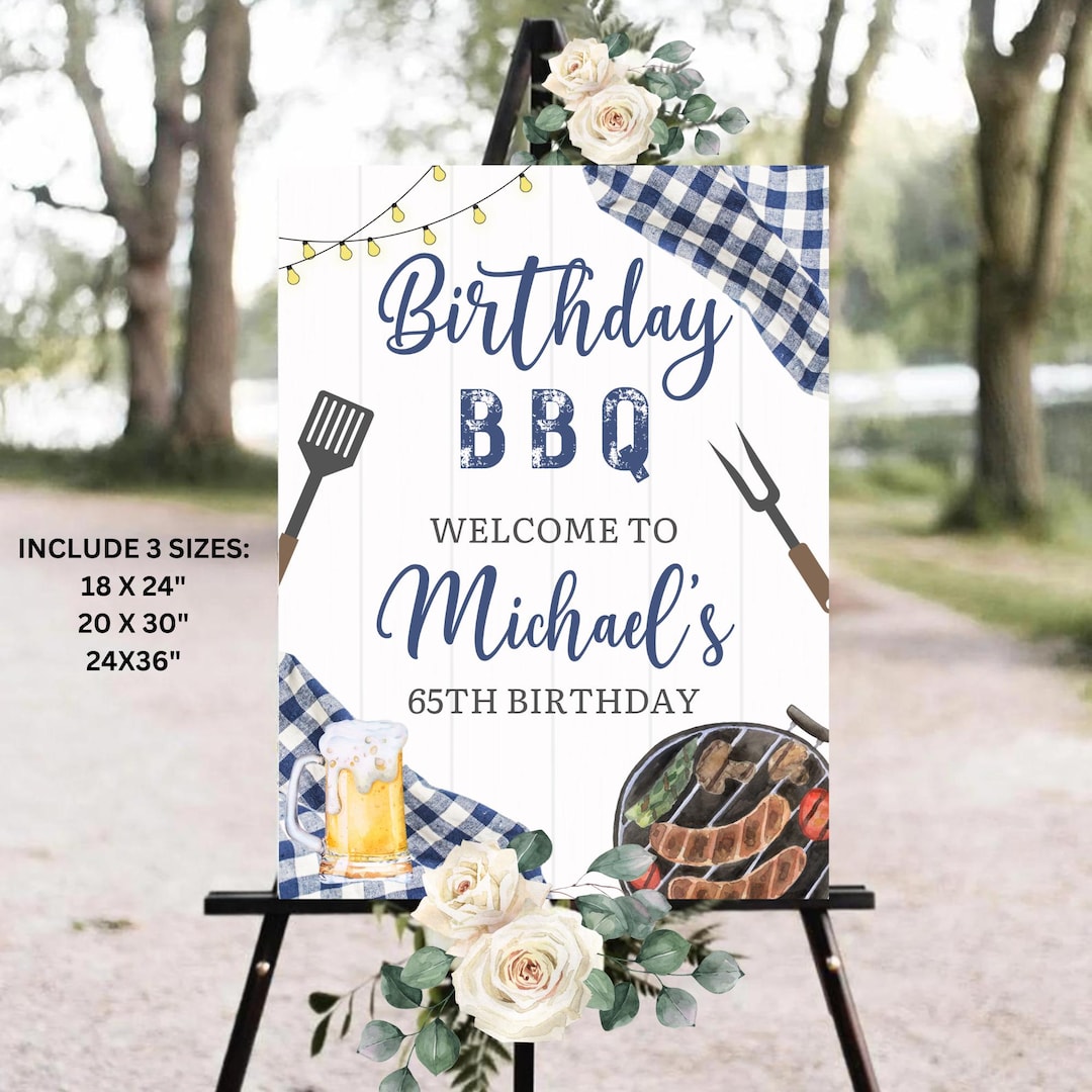 Editable BBQ Birthday Welcome Sign, Blue White Gingham Backyard Party ...