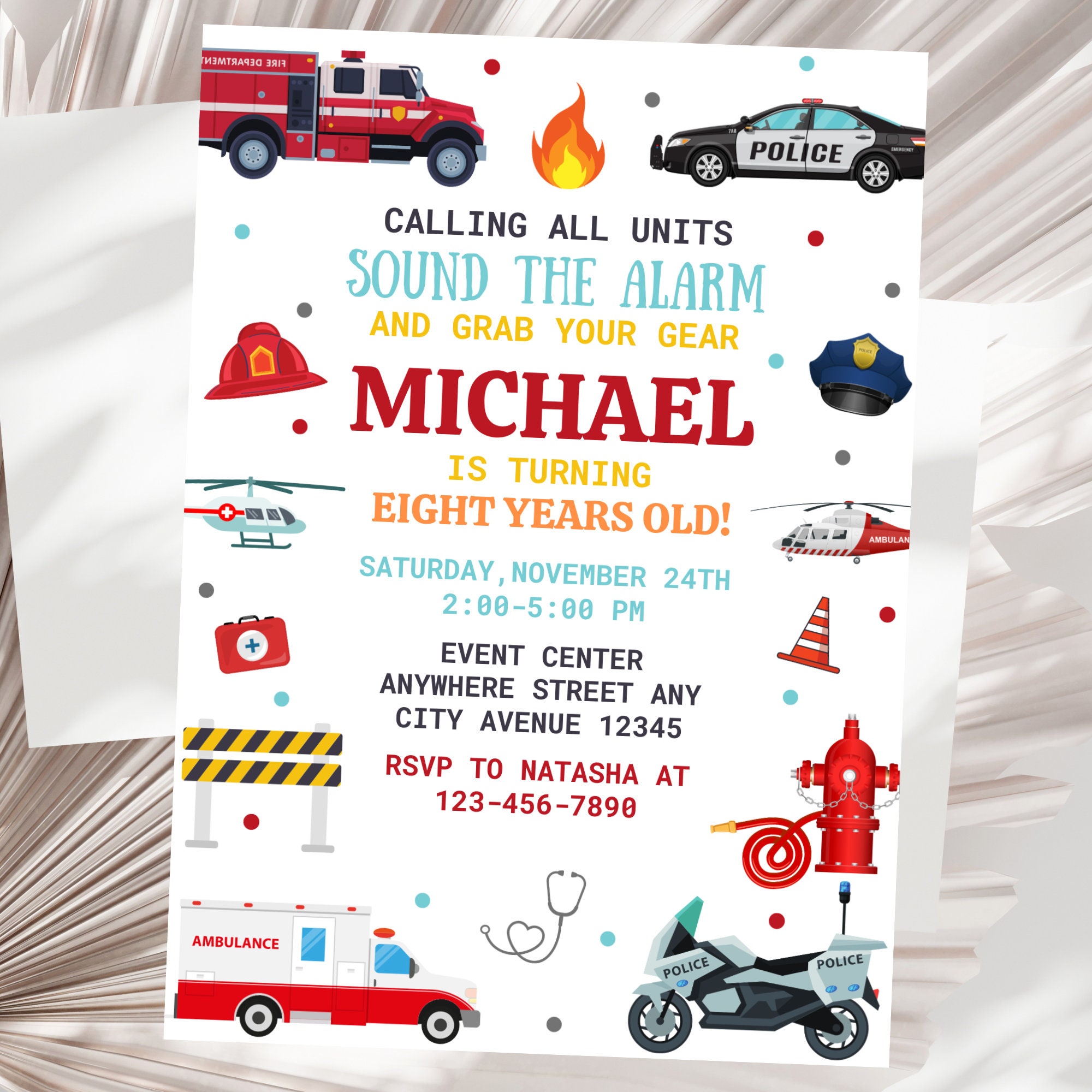 Editable Emergency Vehicles Birthday Invitation, Police Car Invitation ...