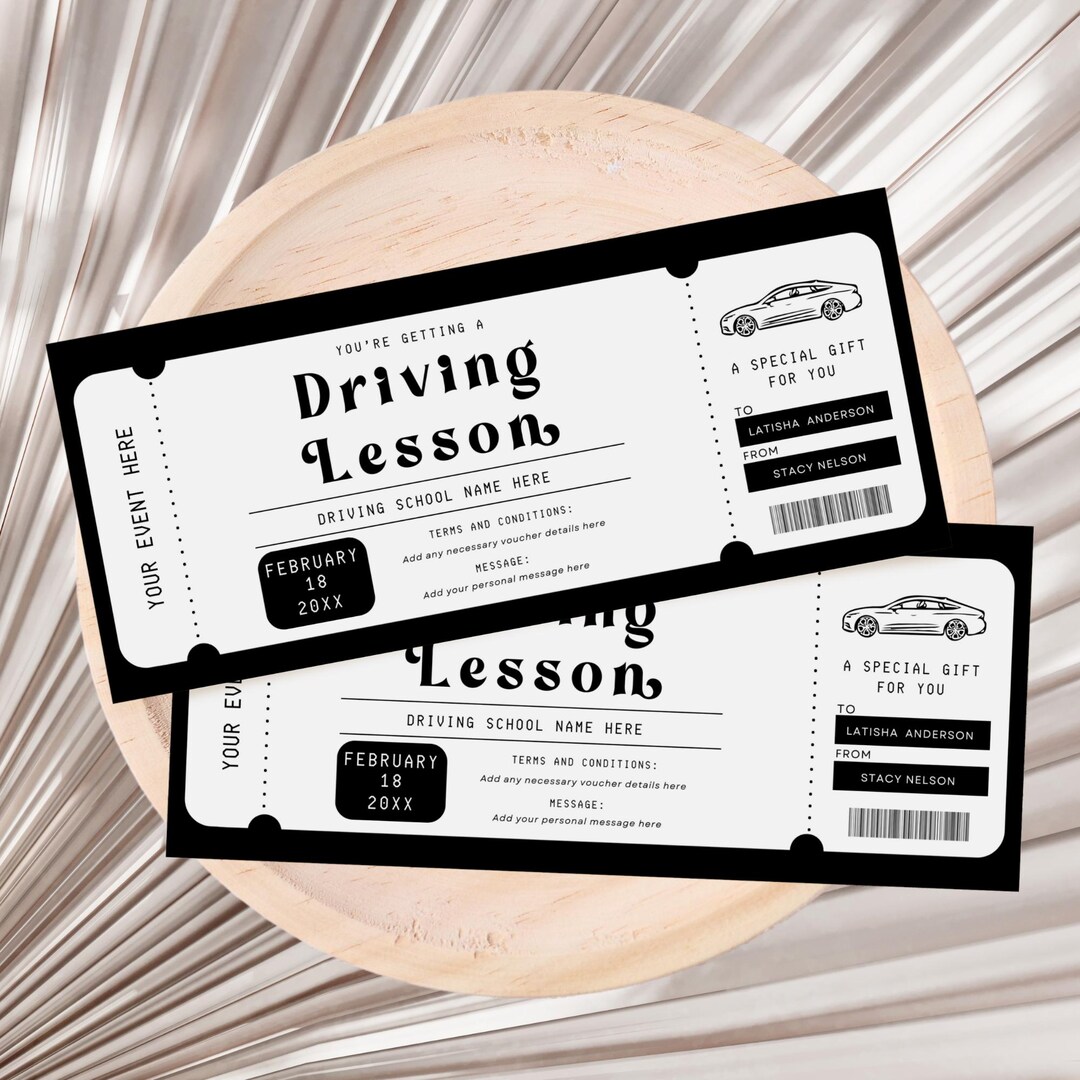 Driving Lesson Ticket Gift Voucher, Driving School Gift Certificate ...
