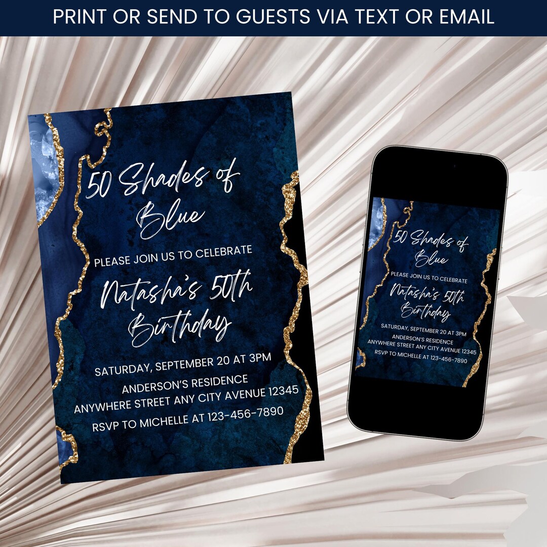 Shades of Blue Birthday Invitation, Adult Shades of Blue Invitation ...