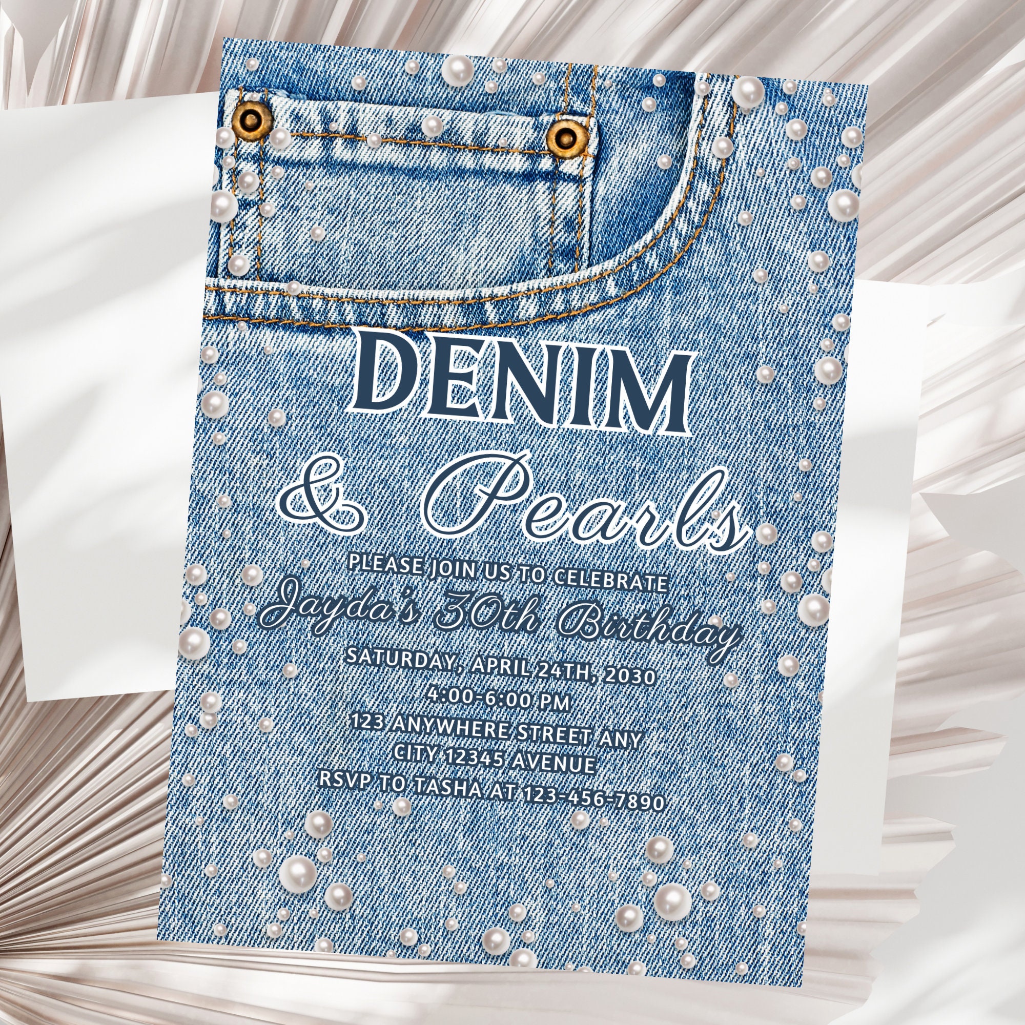 Denim and Pearls Birthday Invitation Template Editable Denim Birthday ...