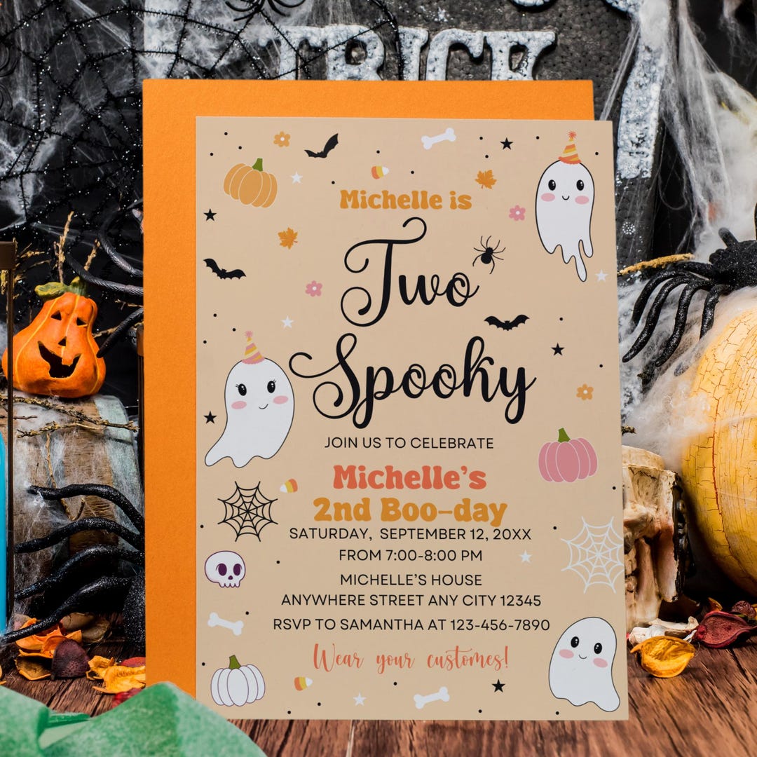 Editable Two Spooky Ghost Birthday Invitation Halloween Second Birthday ...