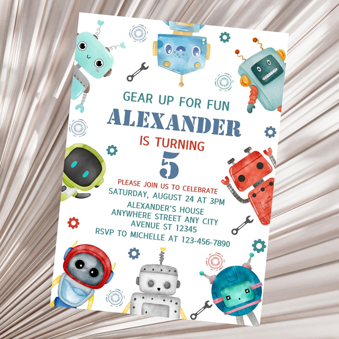 Robot Birthday Invitation, Boy Robot Party Invite, Robot Birthday Party ...