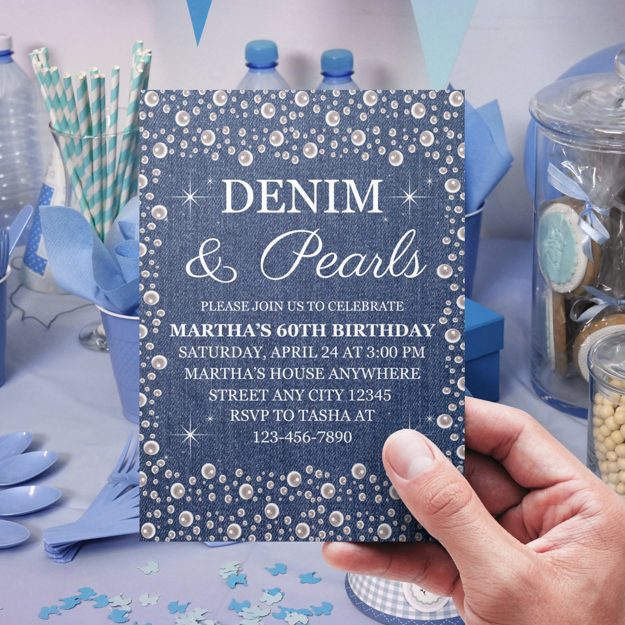 Denim and Pearls Birthday Invitation Template Editable Denim Birthday ...