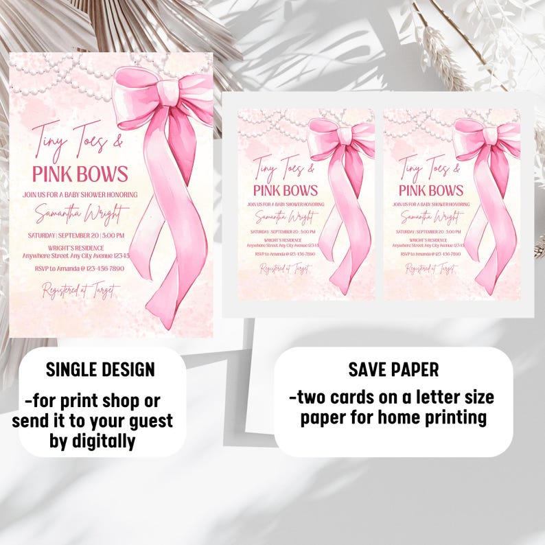 Pink Bow Girl Baby Shower Invitation, Tiny Toes and Pink Bows Invite ...