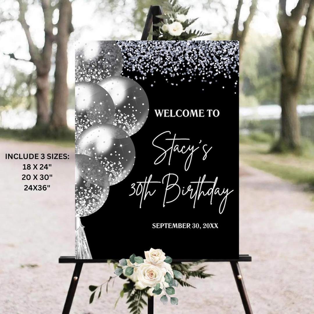 Black and Silver Birthday Welcome Sign, Adult Birthday Dinner Welcome ...