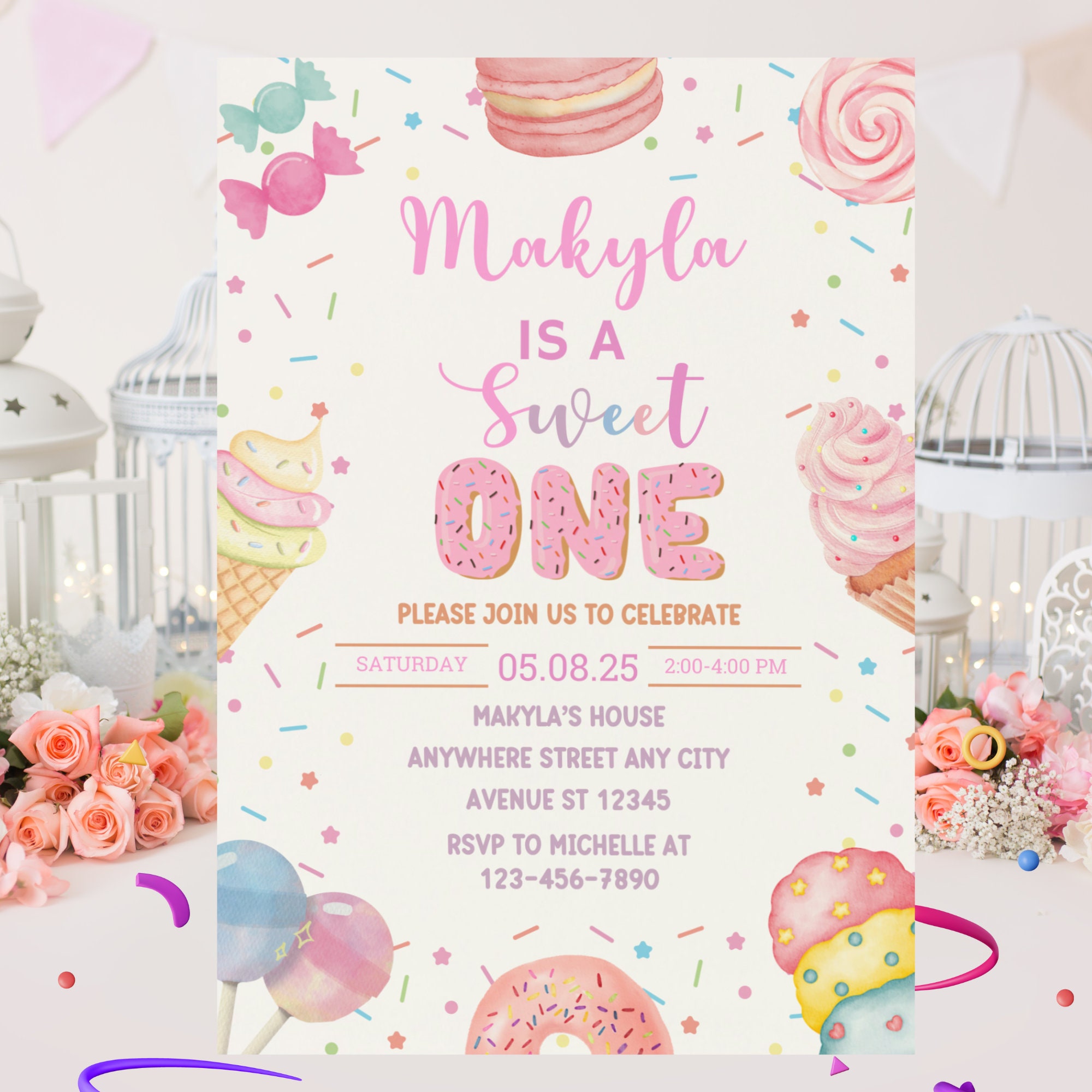 Editable Sweet One Birthday Invitation Candy Sweet 1st Birthday Girl ...