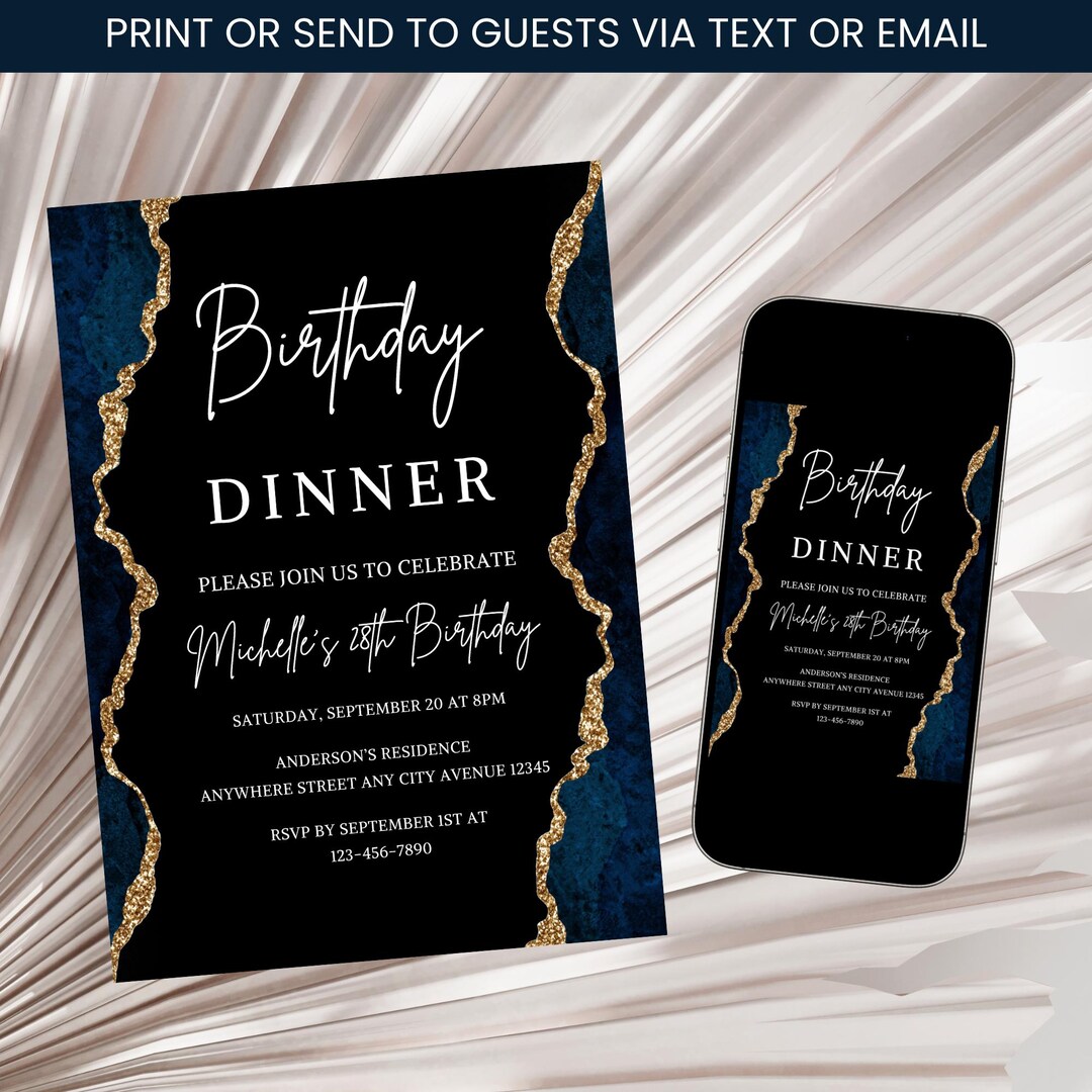 Navy Blue Birthday Invitation, Adult Navy and Gold Invitation, Navy ...