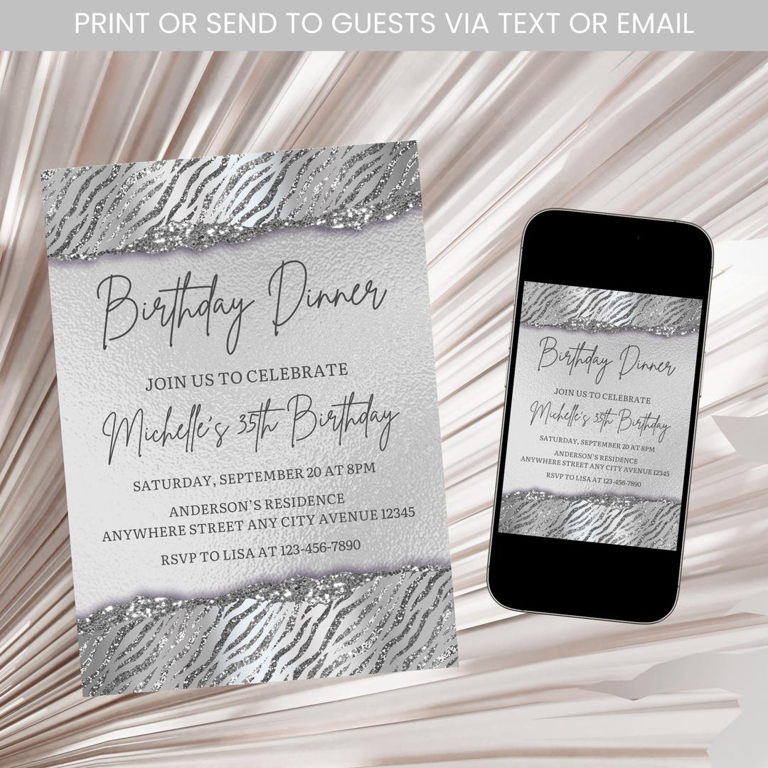 Silver Glitter Birthday Invitation, Adult Silver Birthday Dinner ...