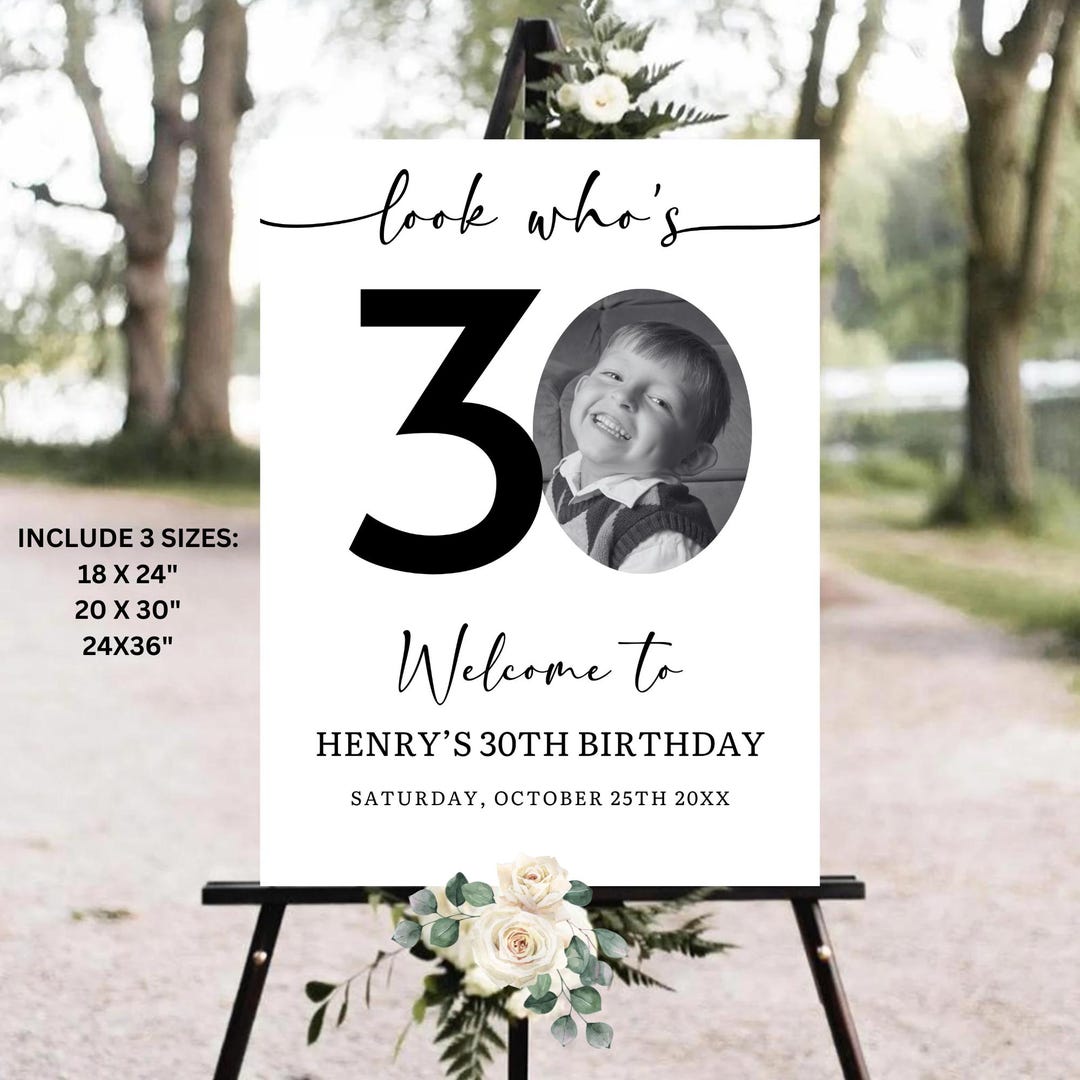 Editable 30th Birthday Welcome Sign, Look Who's 30 Photo Welcome Sign ...