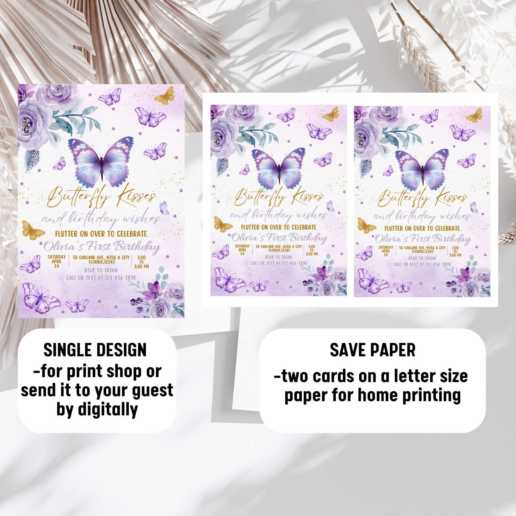 Editable Purple Butterfly Birthday Invitation,girl 1st Birthday Invite ...