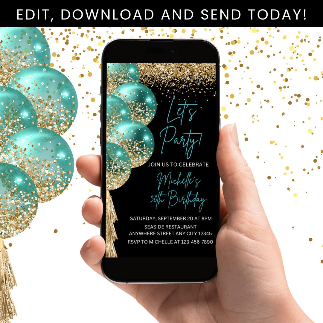 Teal Digital Birthday Invitation, Teal and Gold Adult Birthday Evite ...