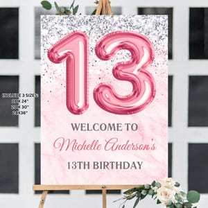 Pink 13th Birthday Welcome Sign, Girl Glitter Birthday Welcome Board ...