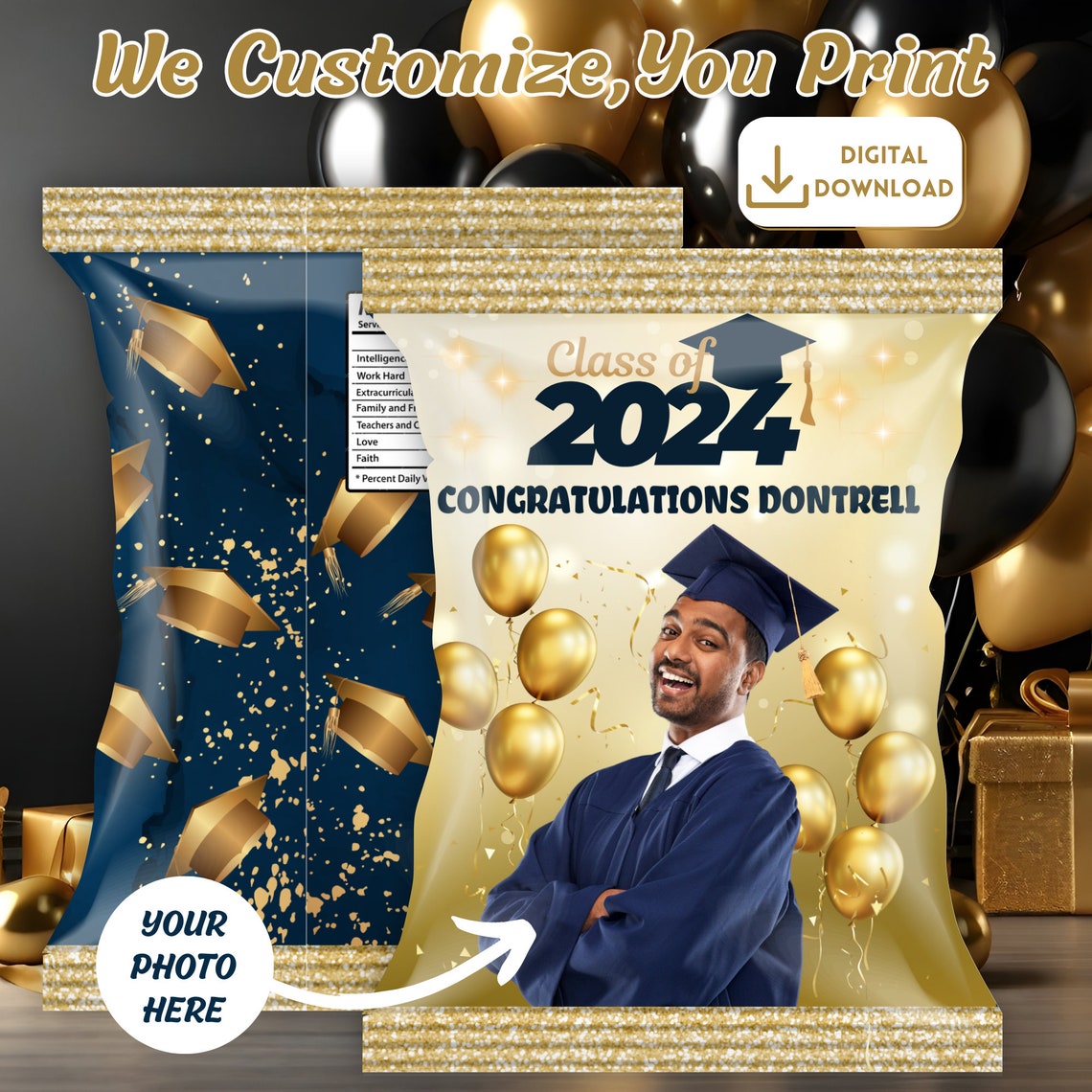 Graduation Chip Bag Template for Graduand Navy Blue and Gold Graduation ...