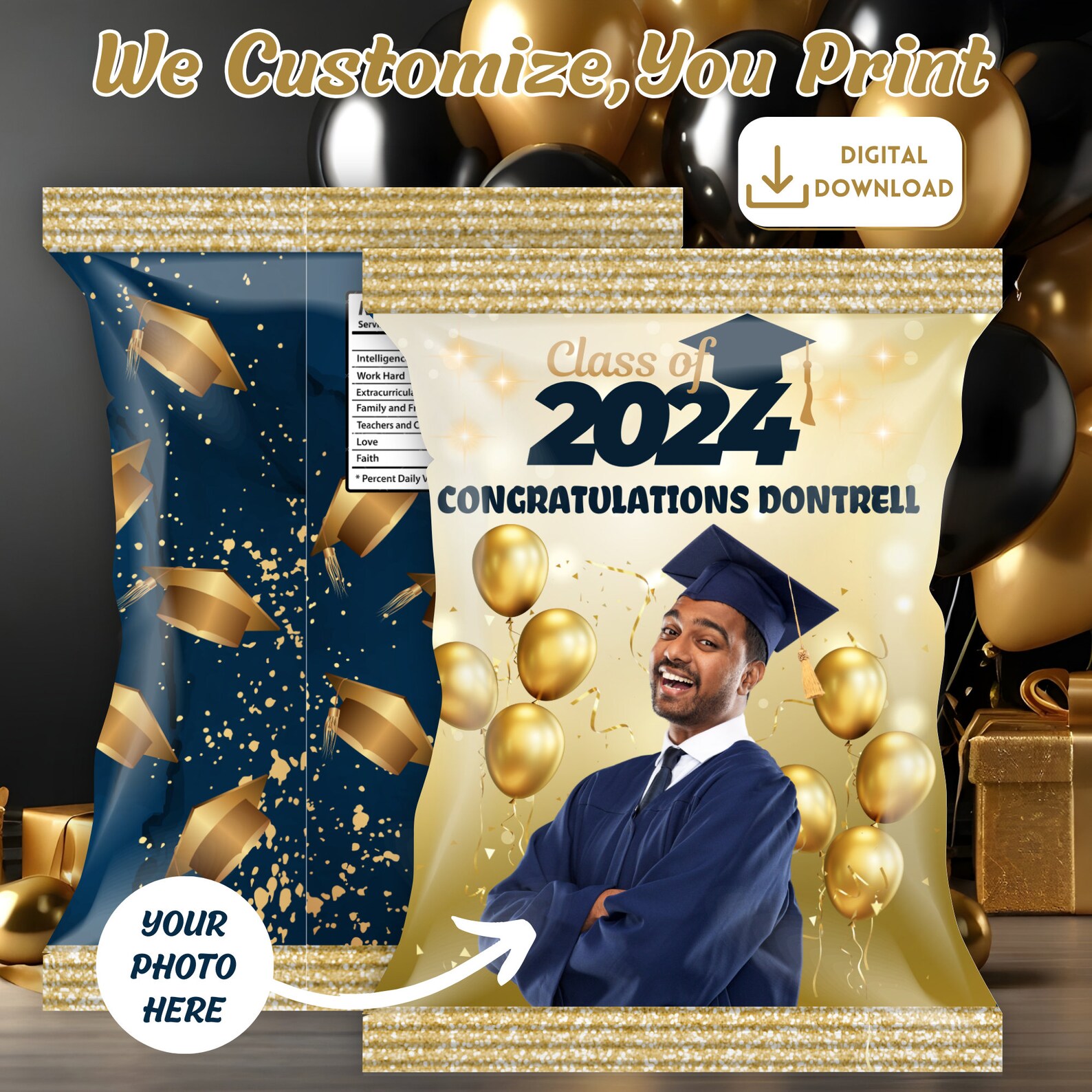 Graduation Chip Bag Template for Graduand Navy Blue and Gold Graduation ...