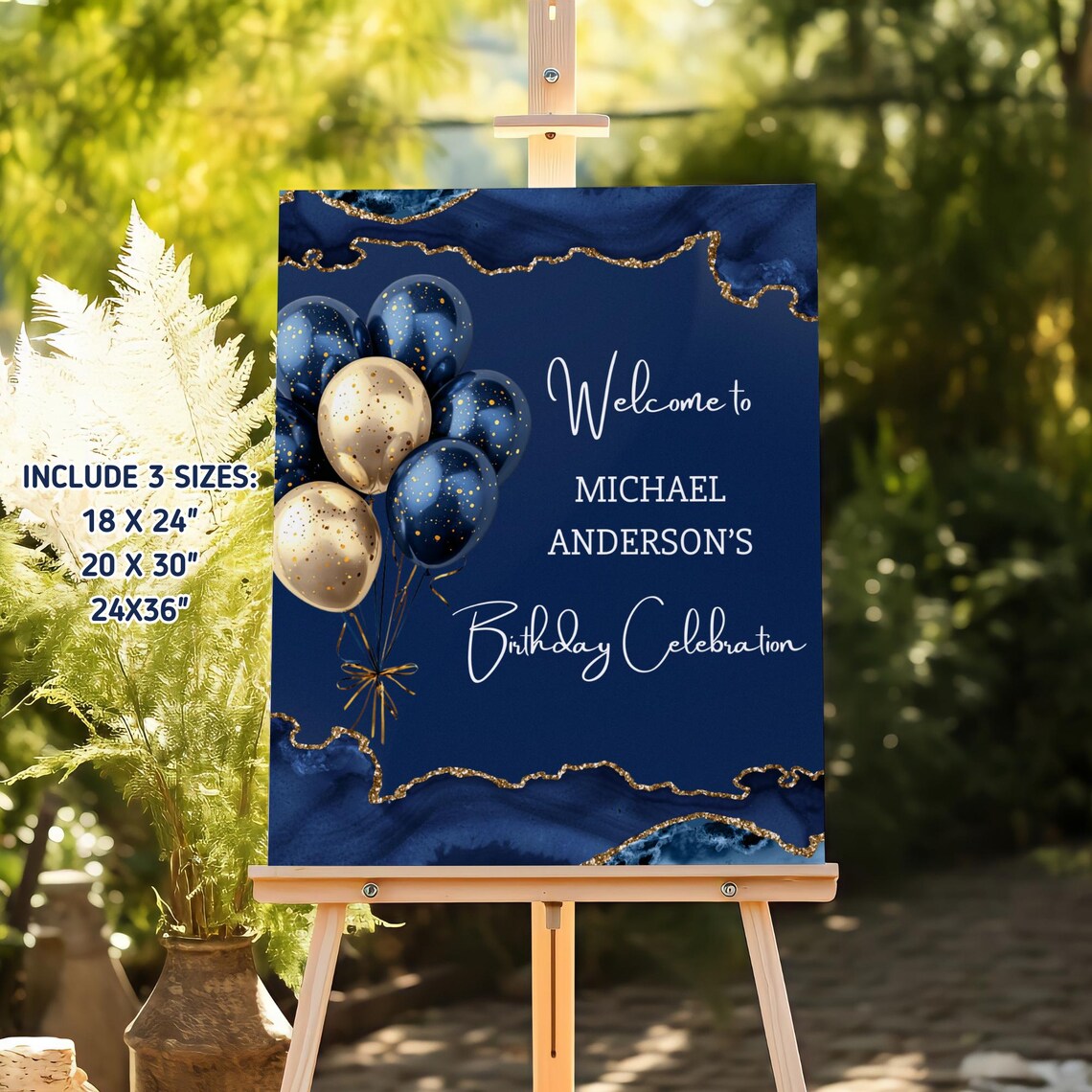 Navy Blue Welcome Sign, Adult Birthday Welcome Board, Navy Blue Gold ...