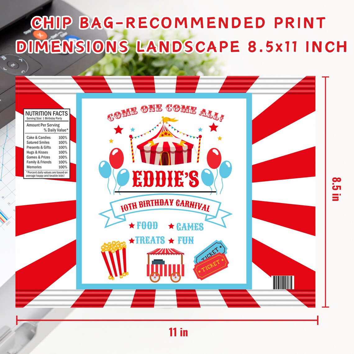 Editable Carnival Birthday Chip Bag,circus Birthday Favor,chip Wrap for ...