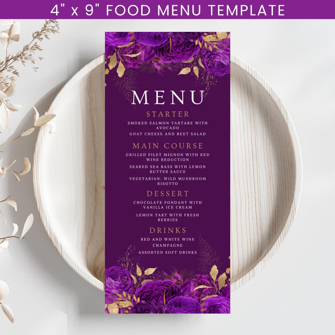 Floral Purple Menu Card, Table Menu, Birthday Invitation Menu Card ...