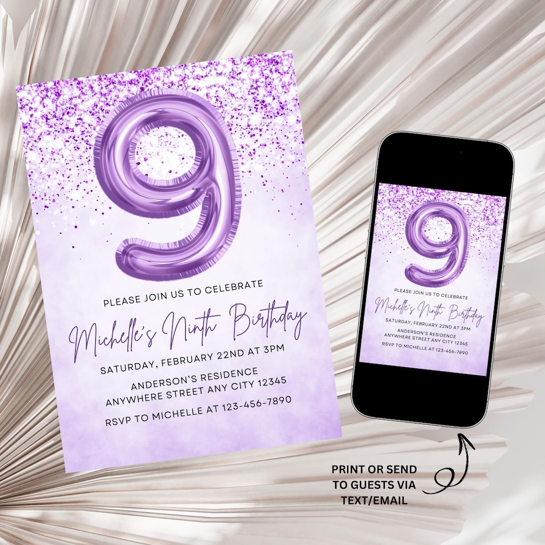 Purple 9th Birthday Invitation, Girl Glitter Birthday Invite, Girl 9th ...