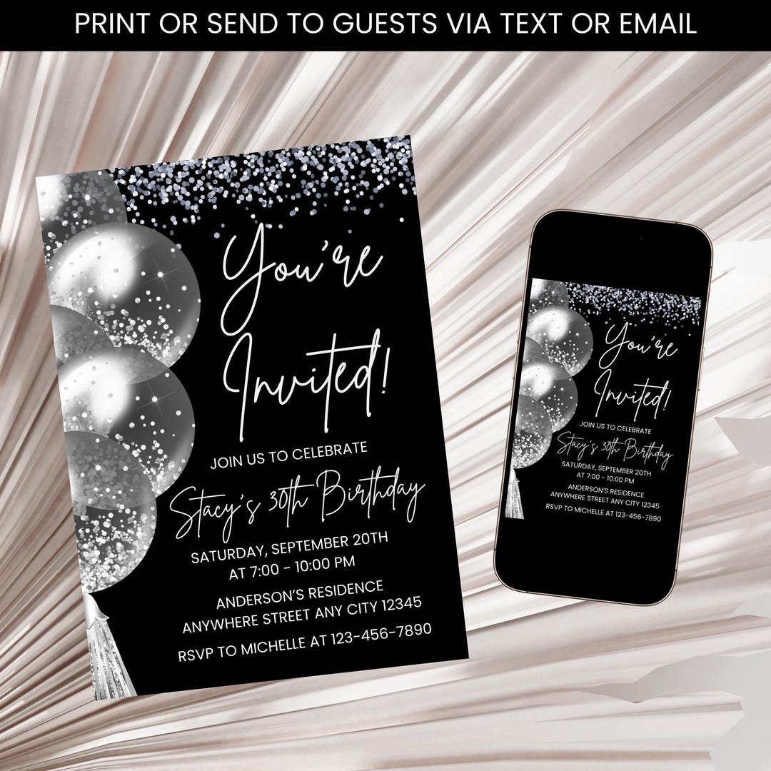 Silver Birthday Invitation, Adult Birthday Dinner Invitation, Silver ...