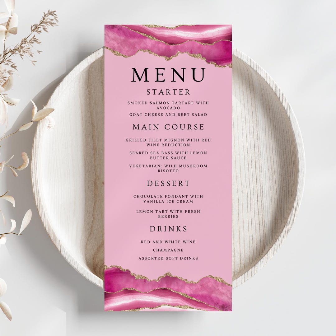 Pink Menu Card, Table Menu, Birthday Invitation Menu Card, Women ...
