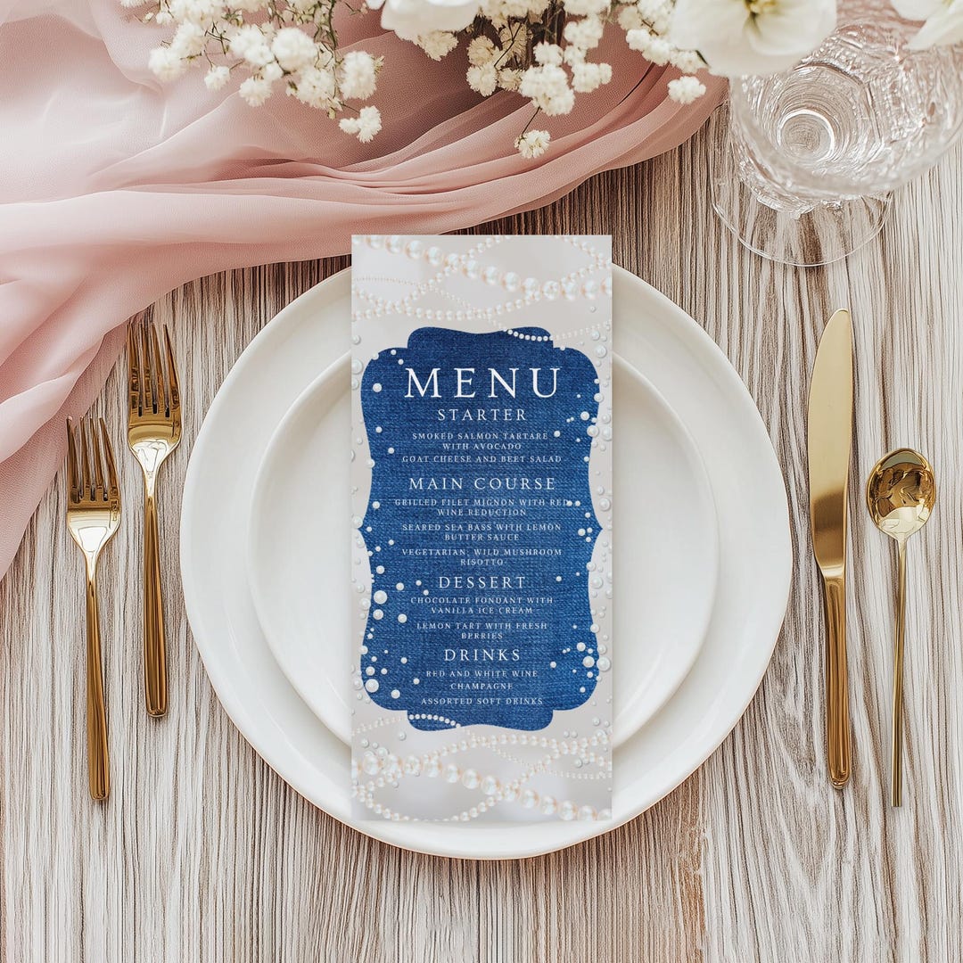 Denim and Pearls Menu Card, Table Menu, Denim Party Menu Card, Women ...