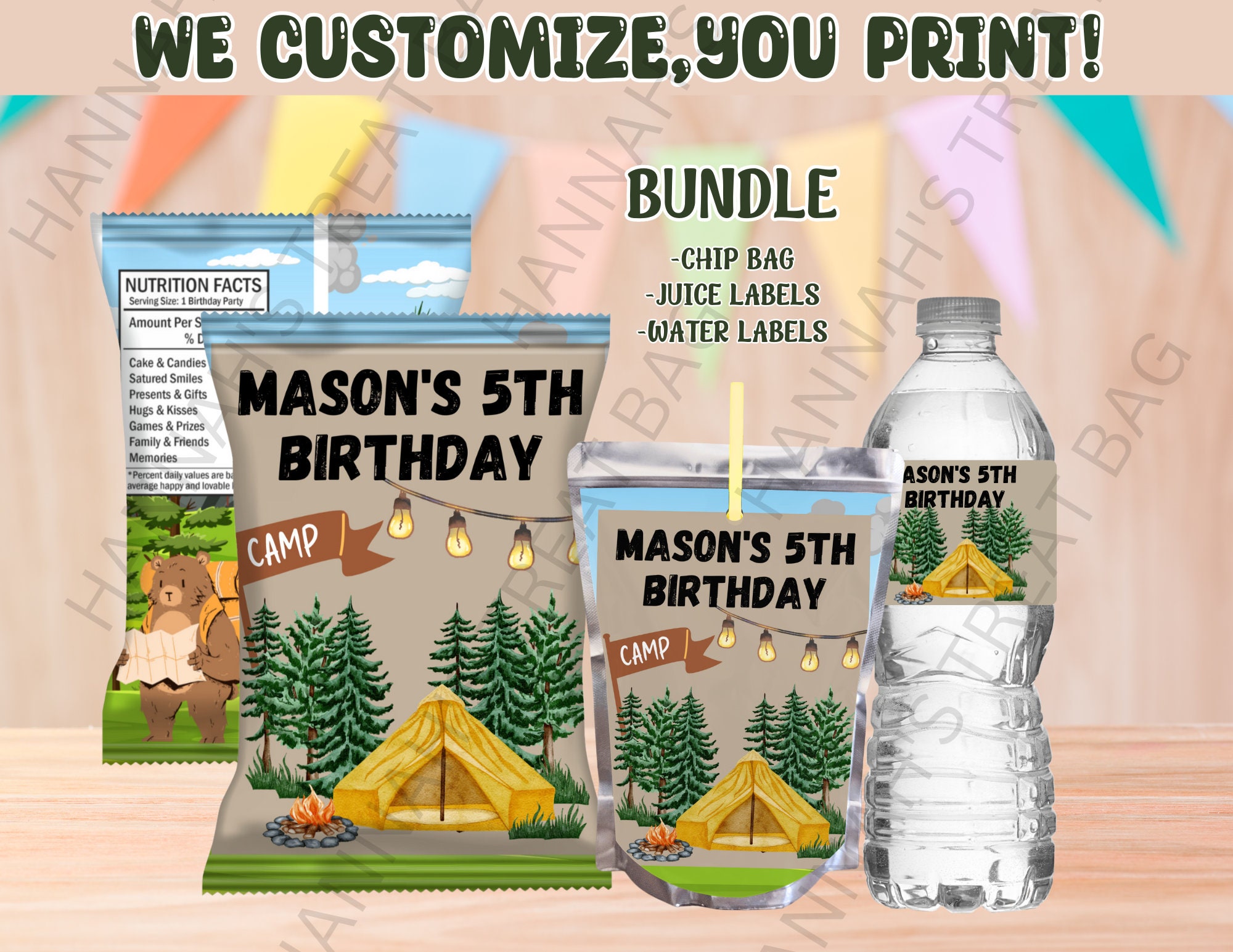 Camp Theme Chip Bag, Birthday Party Chip Bag, Camping Birthday Favor ...
