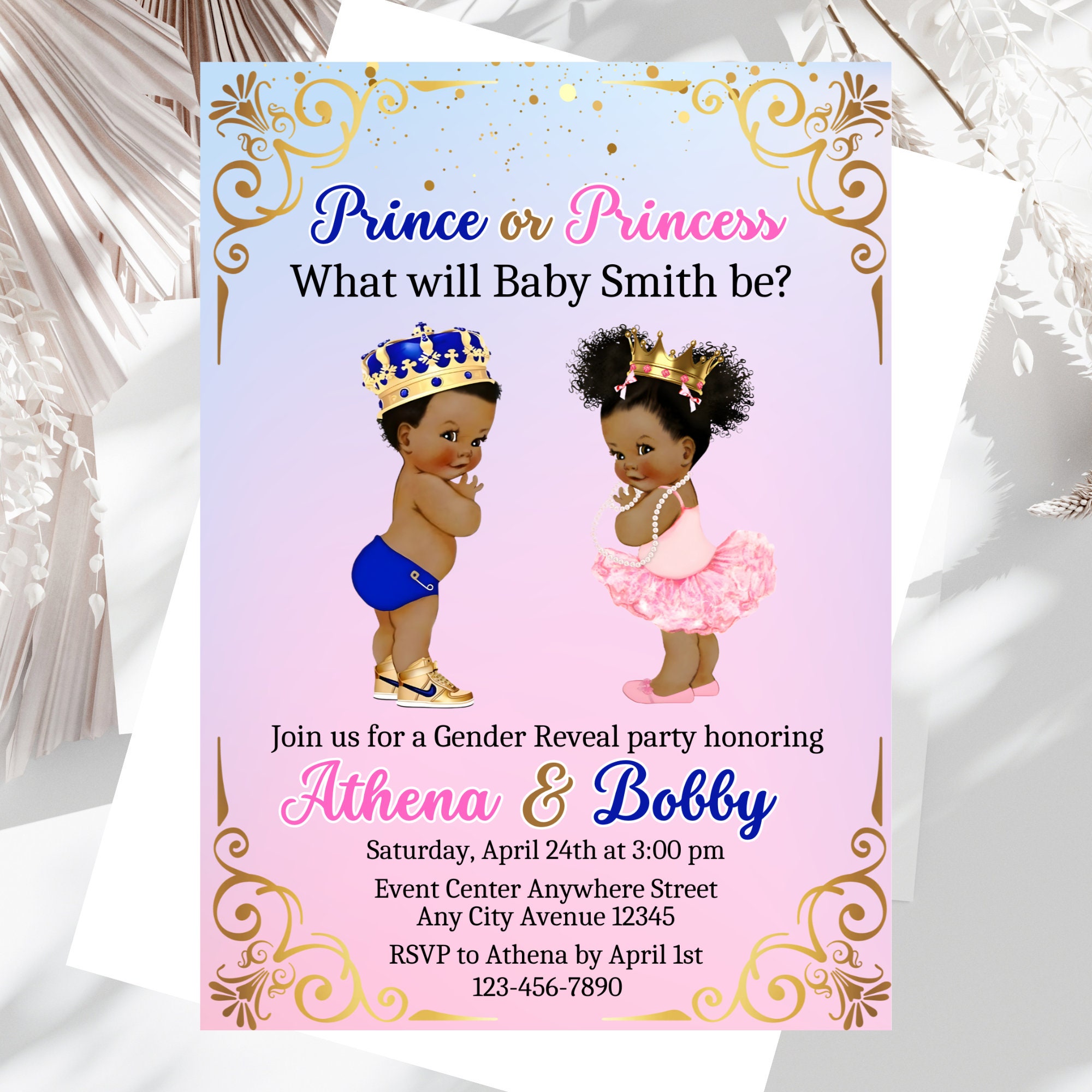 Editable Prince or Princess Gender Reveal Invitation, Afro Prince or ...