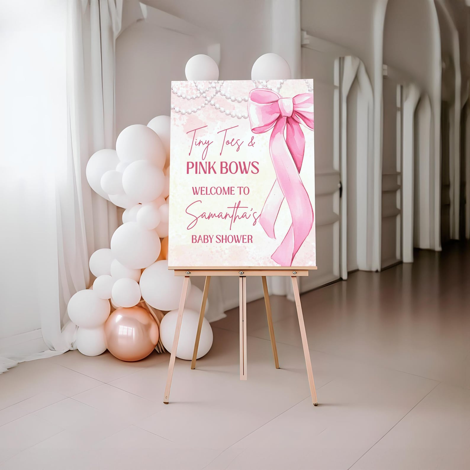 Pink Bow Girl Baby Shower Welcome Sign, Tiny Toes and Pink Bows Sign ...