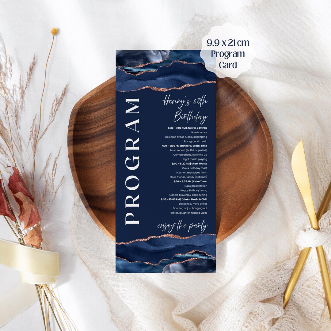 Navy Blue Program Card, Table Card, Birthday Program , Wedding Program ...
