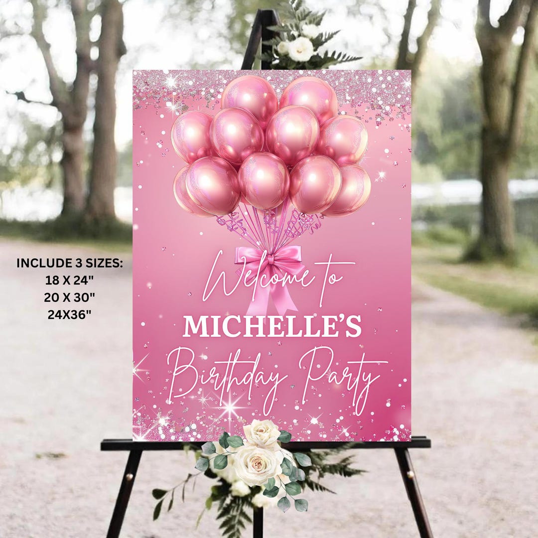 Pink Balloons Birthday Welcome Sign, Shades of Pink Birthday Sign, Pink ...