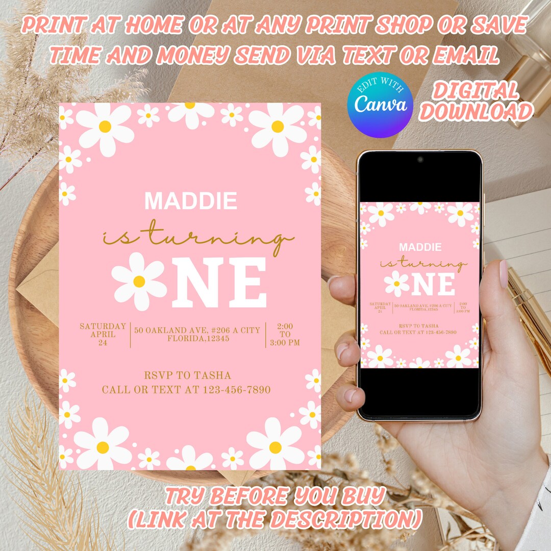 Daisy First Birthday Invitation Baby First Birthday Party Invite Card ...