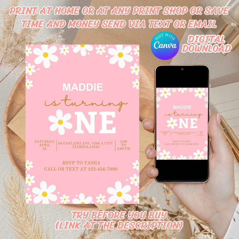 Daisy First Birthday Invitation Baby First Birthday Party Invite Card ...