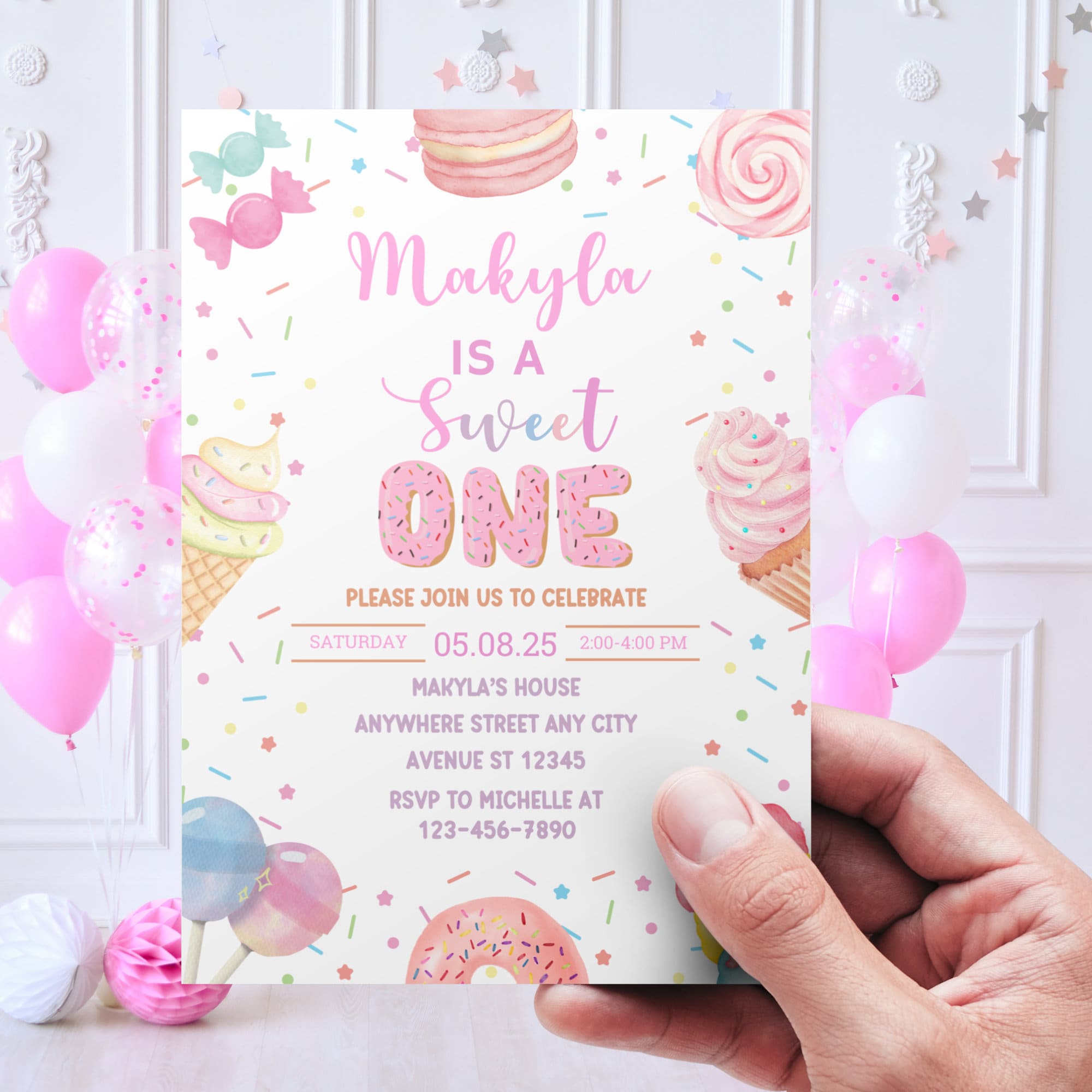 Editable Sweet One Birthday Invitation Candy Sweet 1st Birthday Girl ...