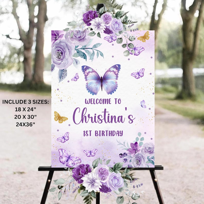 Editable Butterfly Birthday Welcome Sign,purple Butterfly Birthday ...
