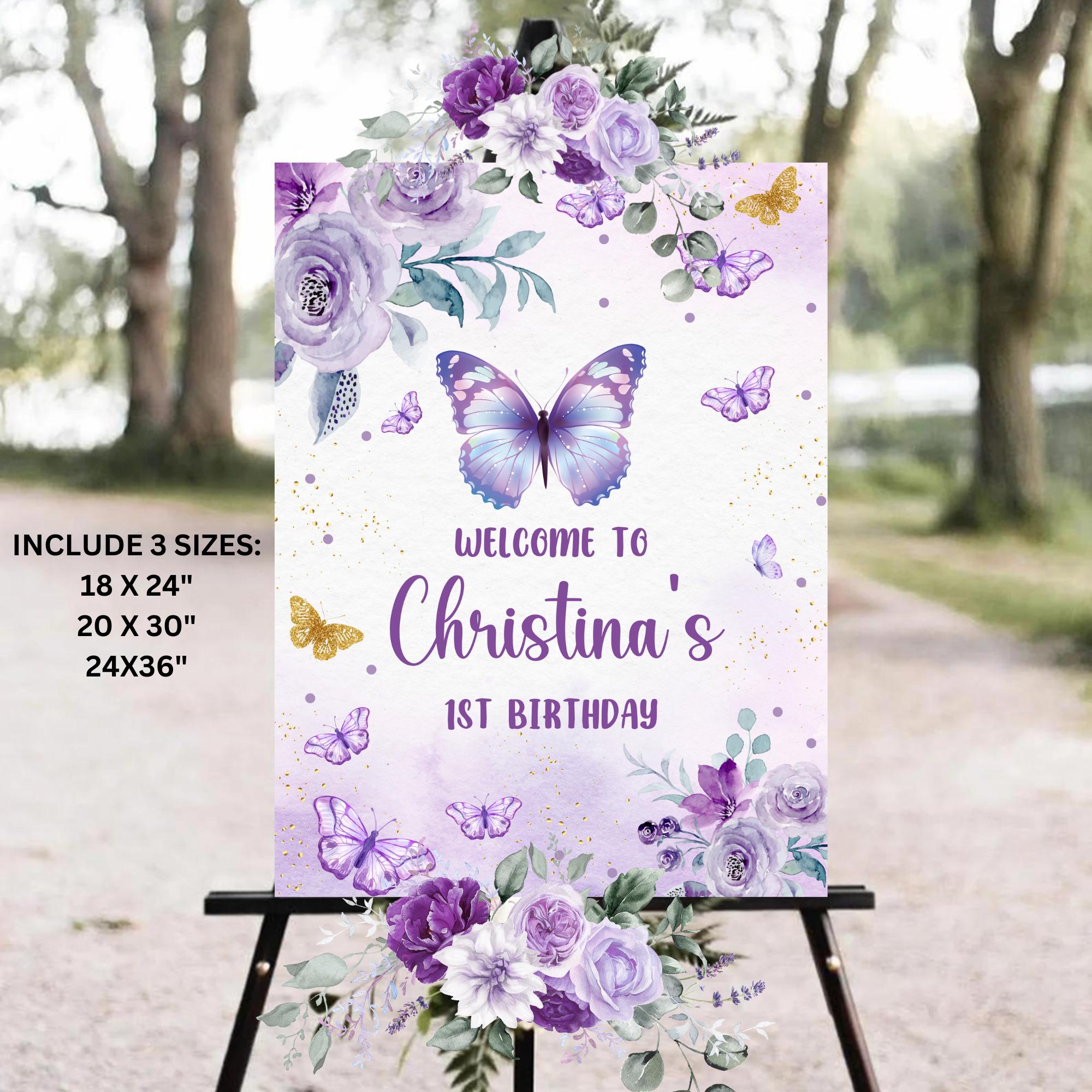 Editable Butterfly Birthday Welcome Sign,purple Butterfly Birthday ...