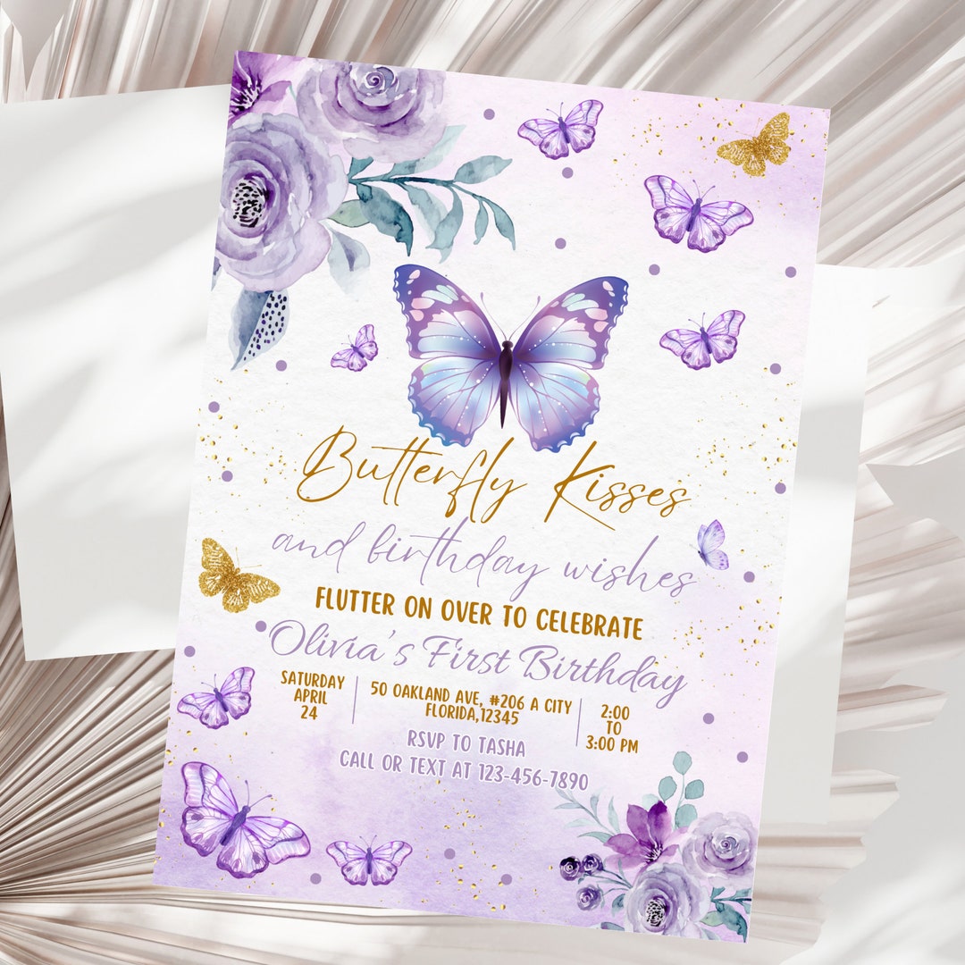 Editable Purple Butterfly Birthday Invitation,girl 1st Birthday Invite ...