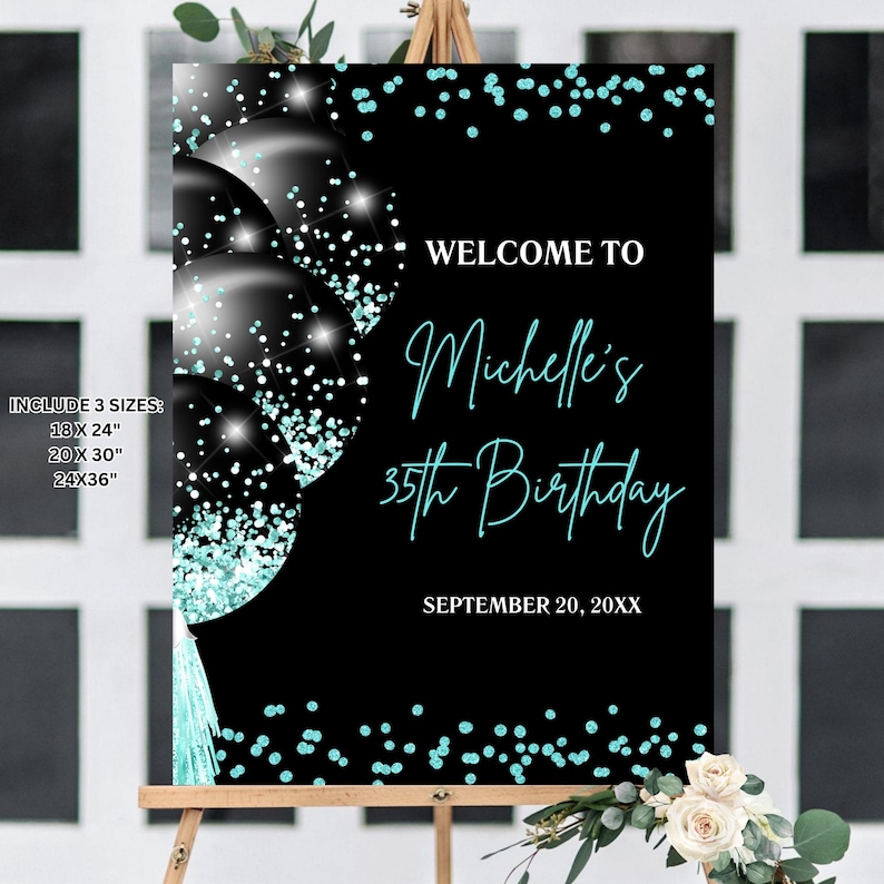 Turquoise Birthday Welcome Sign, Adult Birthday Welcome Board, Black ...