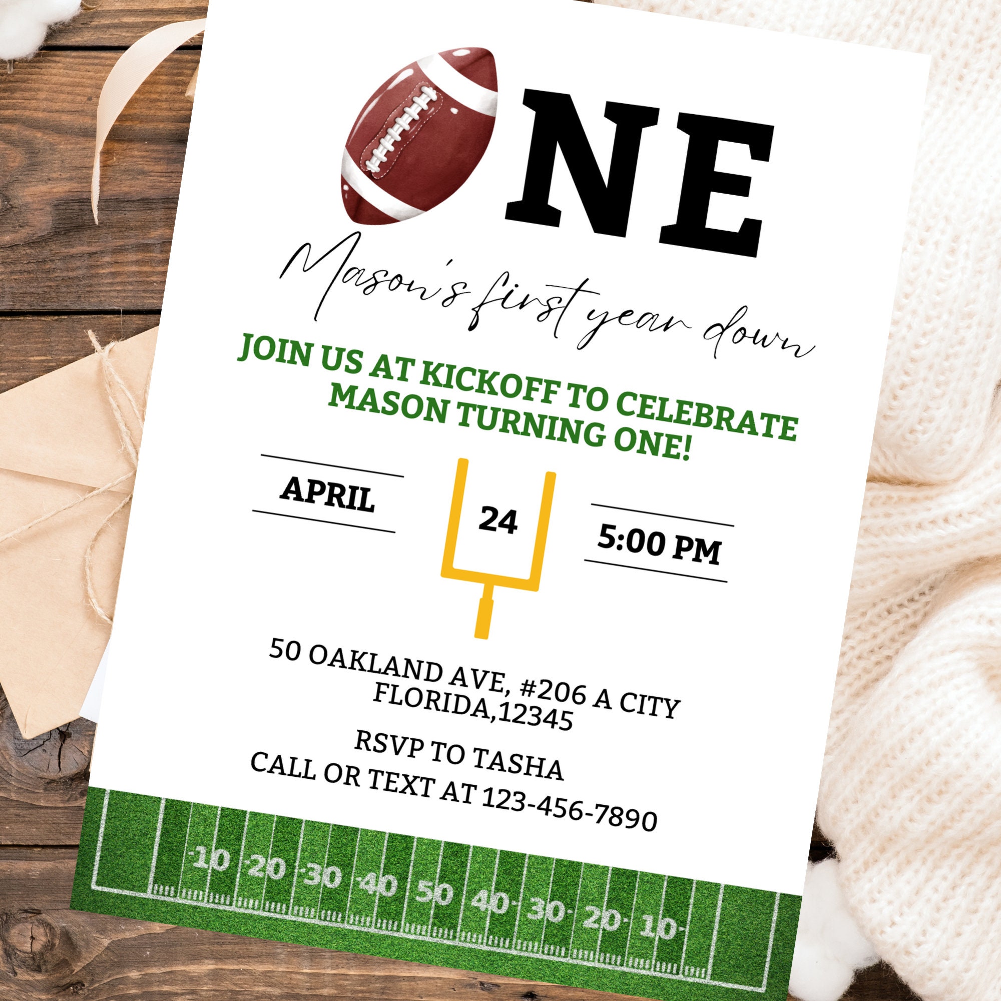 Football First Birthday Invitation, First Year Down Football Party ...